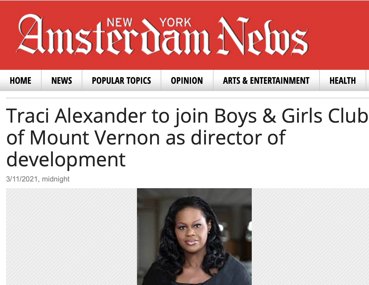 Amsterdam News Article - Appointment of Dr. Traci Alexander - The Boys & Girls Club of Mount Vernon